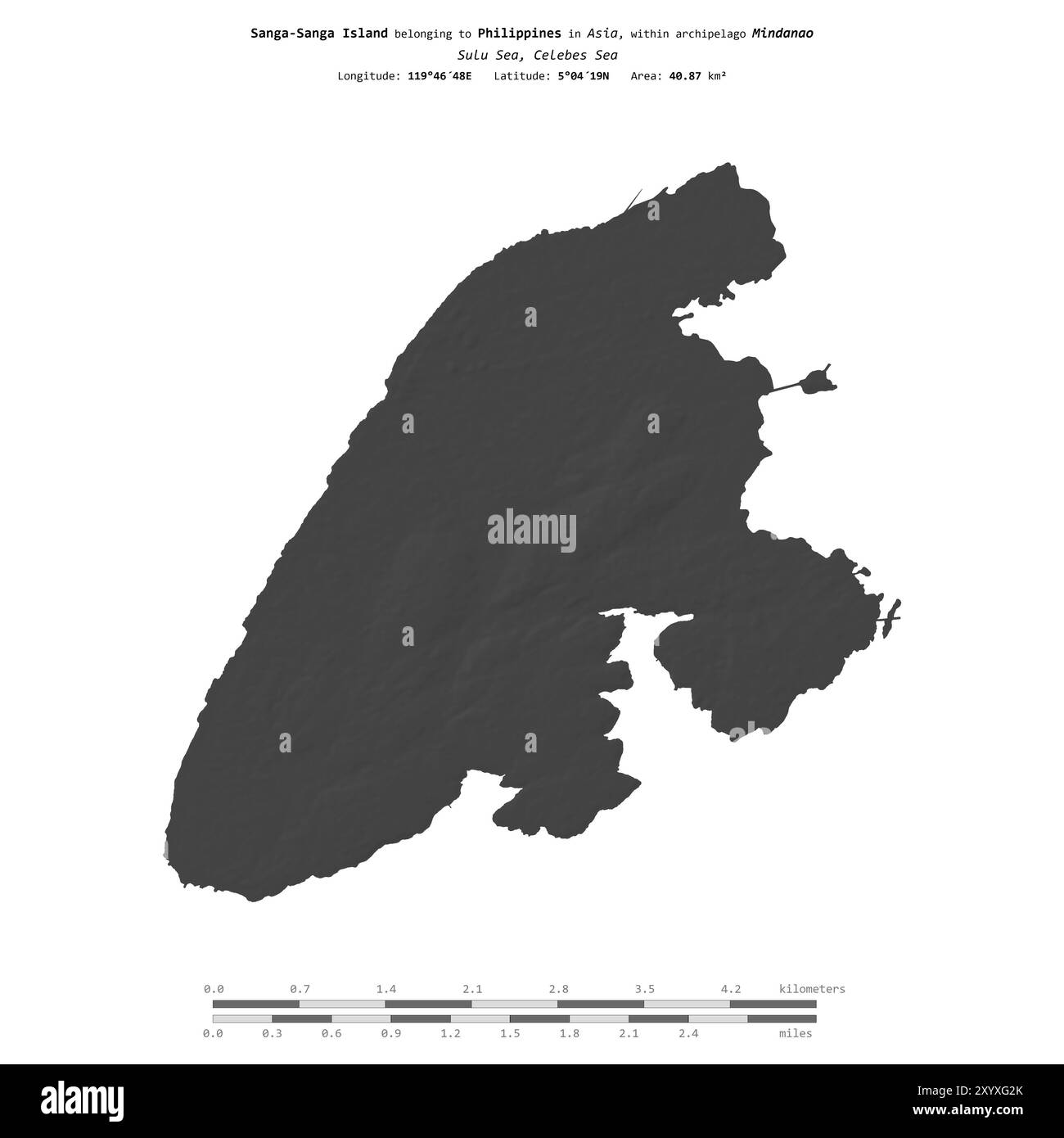 Sanga-Sanga Island in the Sulu Sea, belonging to Philippines, isolated on a bilevel elevation ...