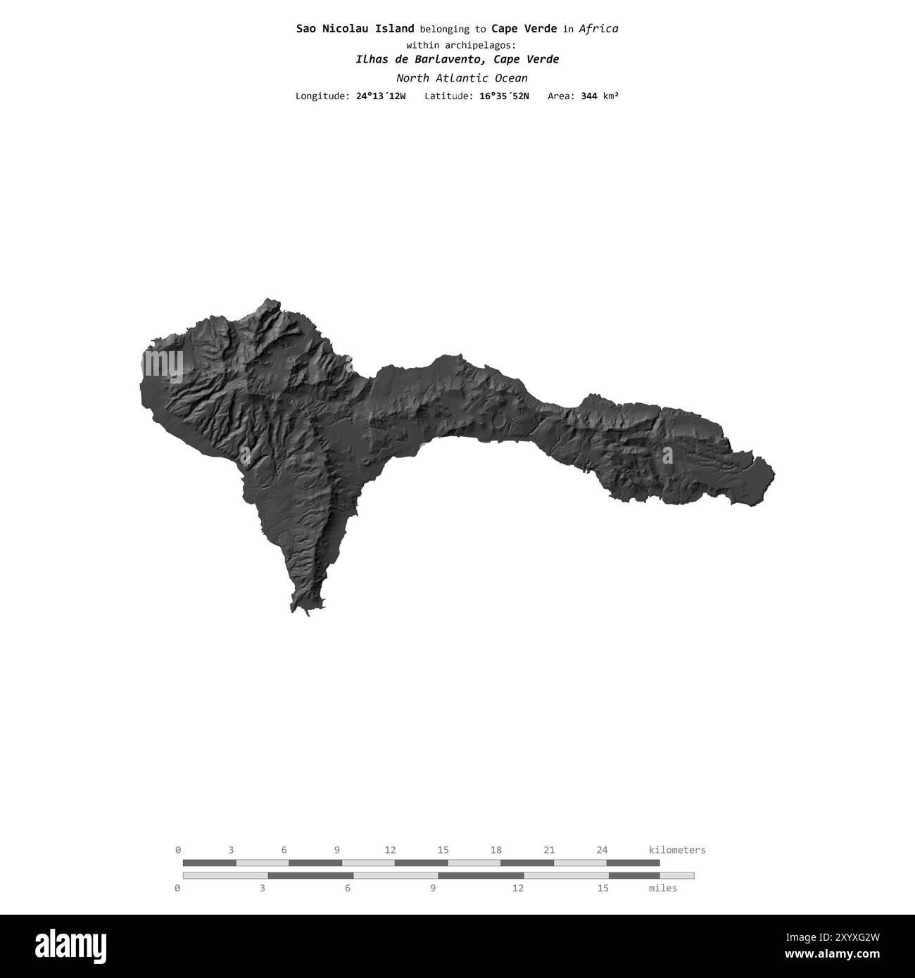 Sao Nicolau Island in the North Atlantic Ocean, belonging to Cape Verde, isolated on a bilevel ...