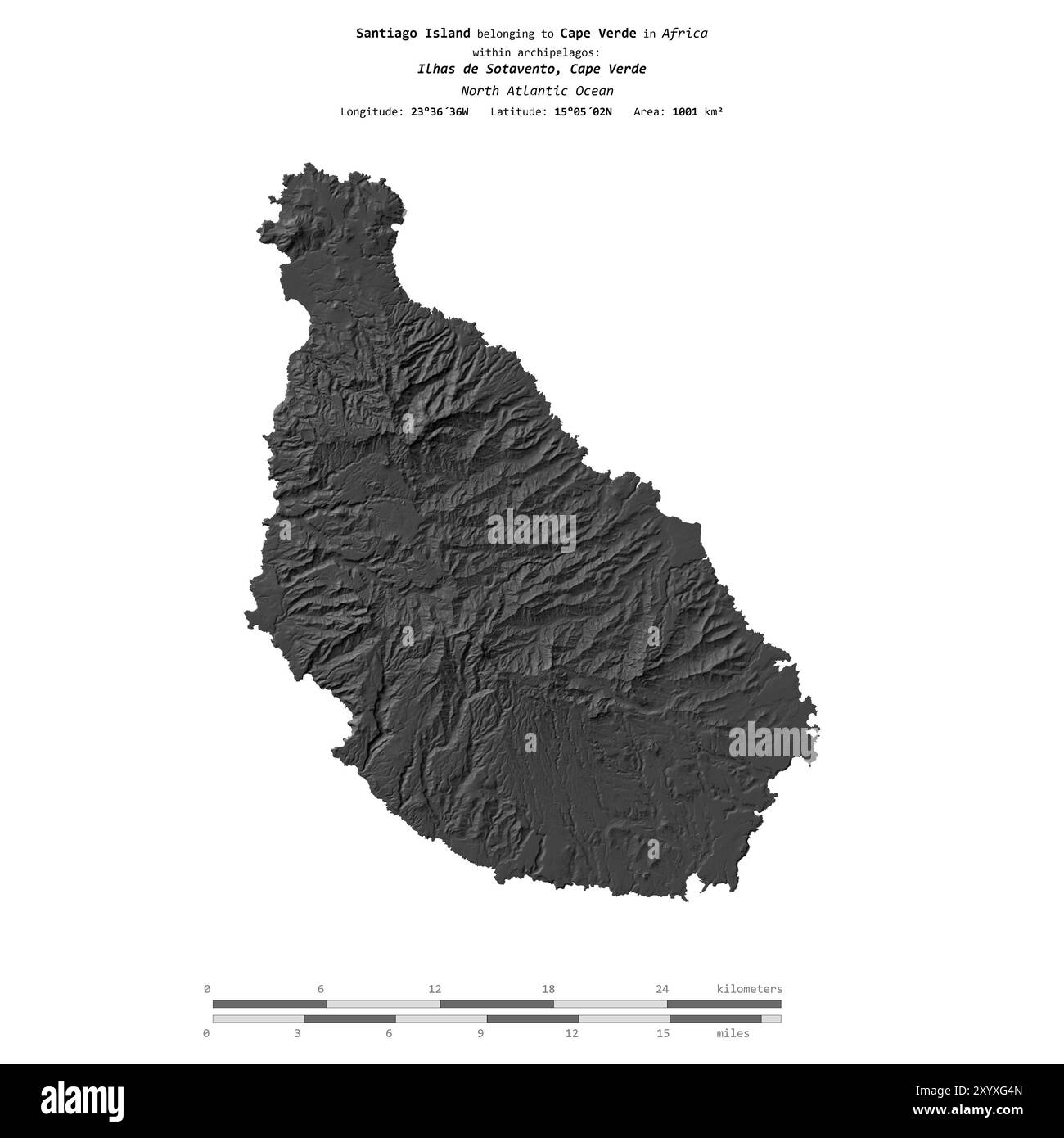 Santiago Island in the North Atlantic Ocean, belonging to Cape Verde, isolated on a bilevel ...