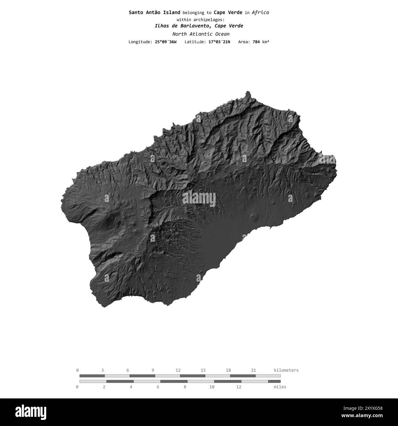 Santo Antao Island in the North Atlantic Ocean, belonging to Cape Verde, isolated on a bilevel ...