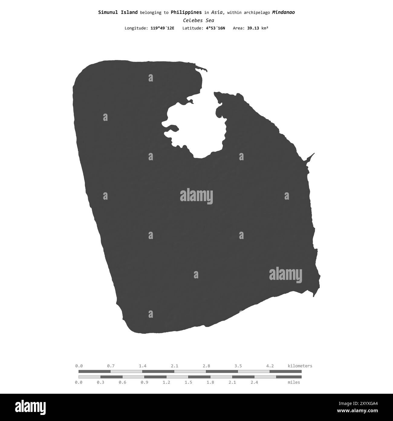 Simunul Island in the Celebes Sea, belonging to Philippines, isolated on a bilevel elevation map ...