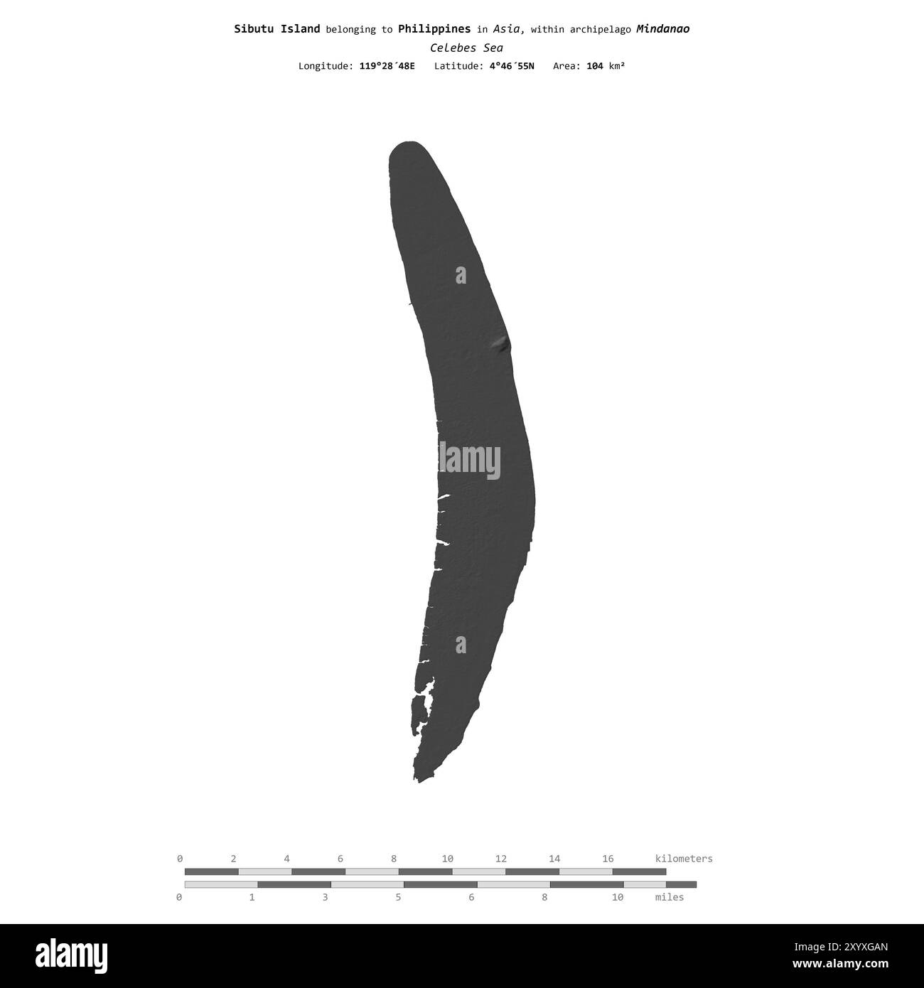 Sibutu Island in the Celebes Sea, belonging to Philippines, isolated on a bilevel elevation map ...