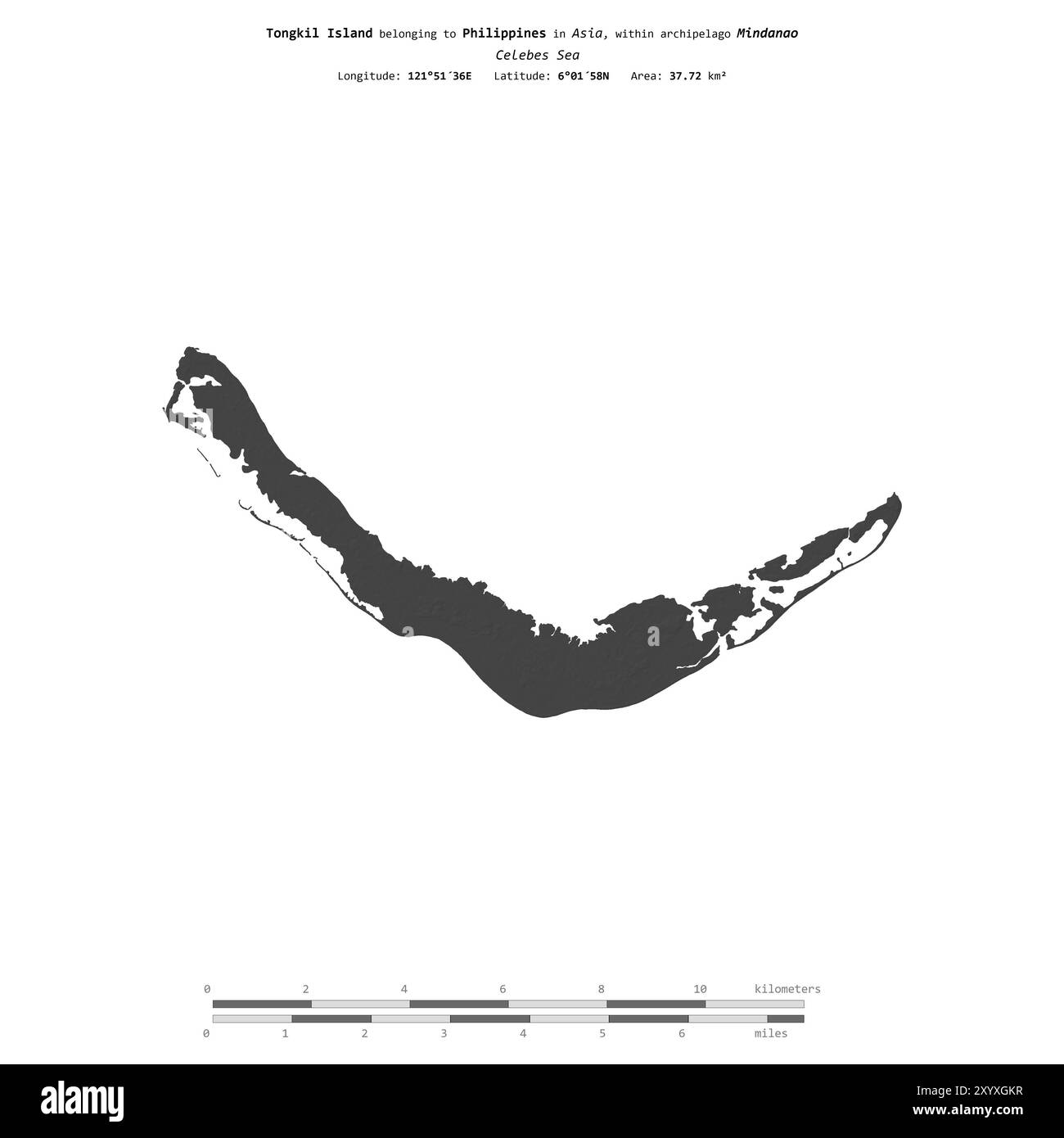 Tongkil Island in the Celebes Sea, belonging to Philippines, isolated on a bilevel elevation map ...