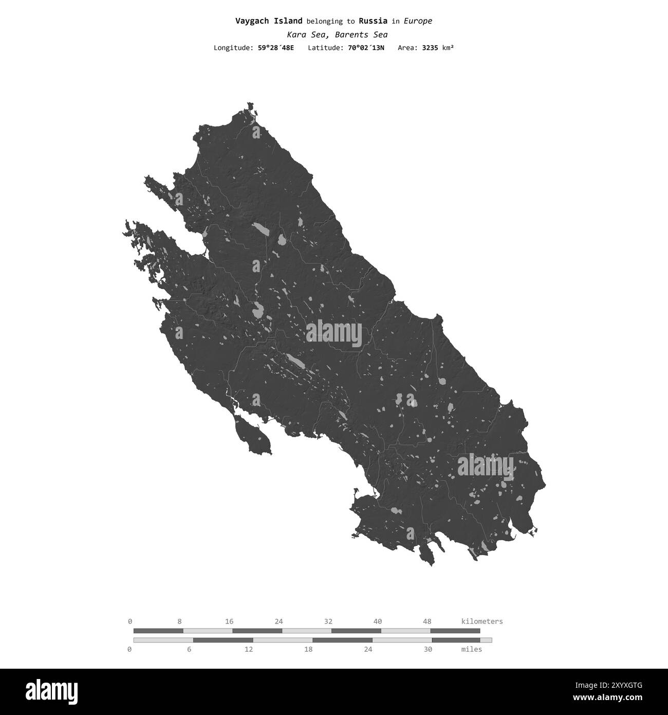 Vaygach Island in the Kara Sea, belonging to Russia, isolated on a ...