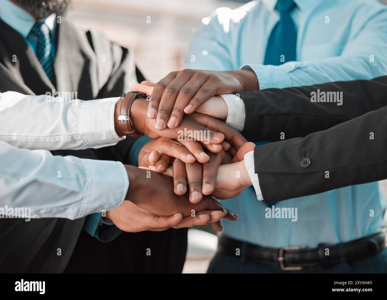 Business, employees and pile of hands for support with teamwork ...