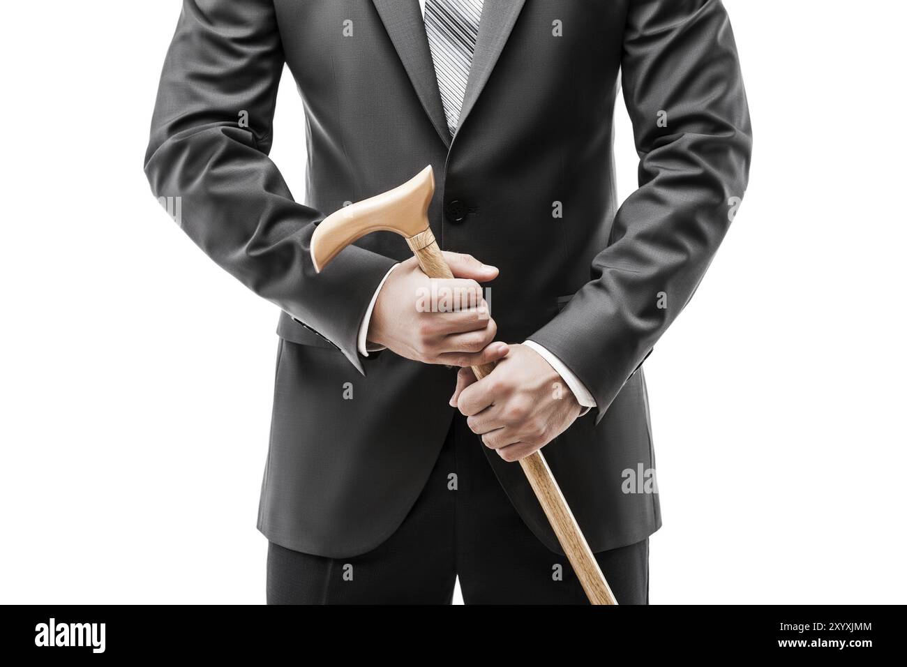 Businessman in black suit hand holding wooden walking cane stick white ...