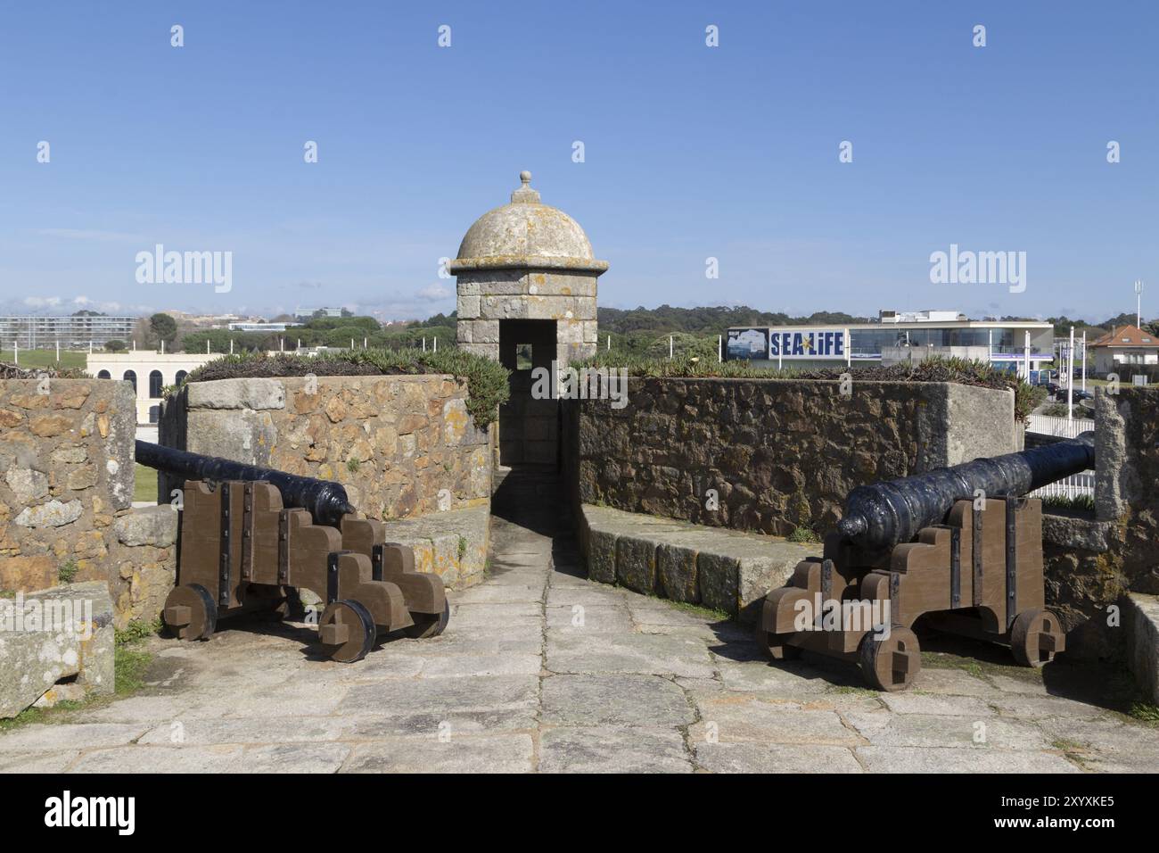Cannons at the Forte de Sao Francisco Xavier fort on the beach Praia de ...