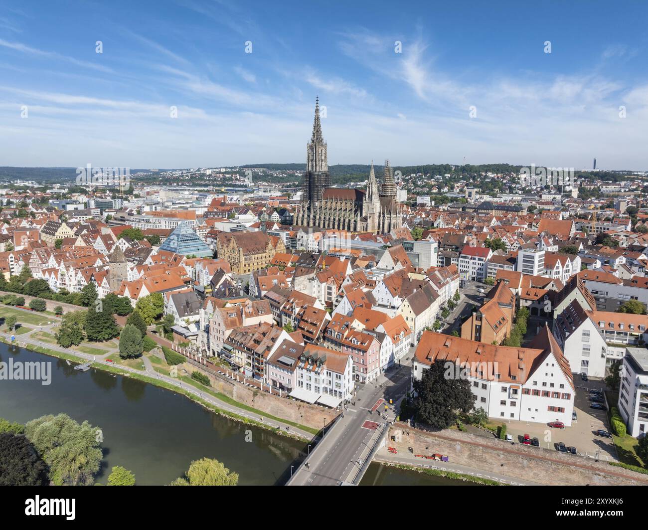 Aerial view of Ulm's historic city centre with the Danube and the ...