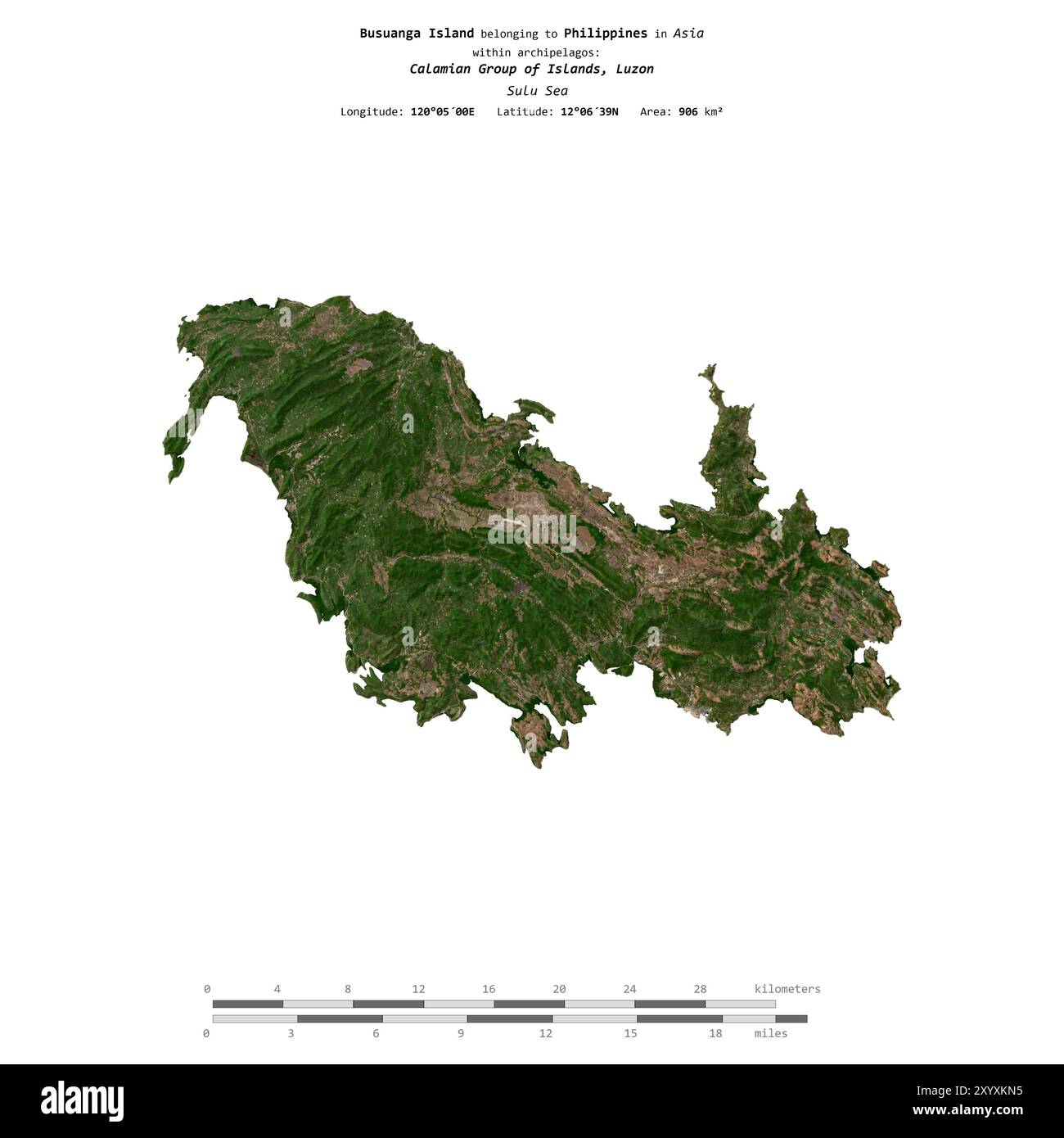 Busuanga Island in the Sulu Sea, belonging to Philippines, isolated on a satellite image taken ...