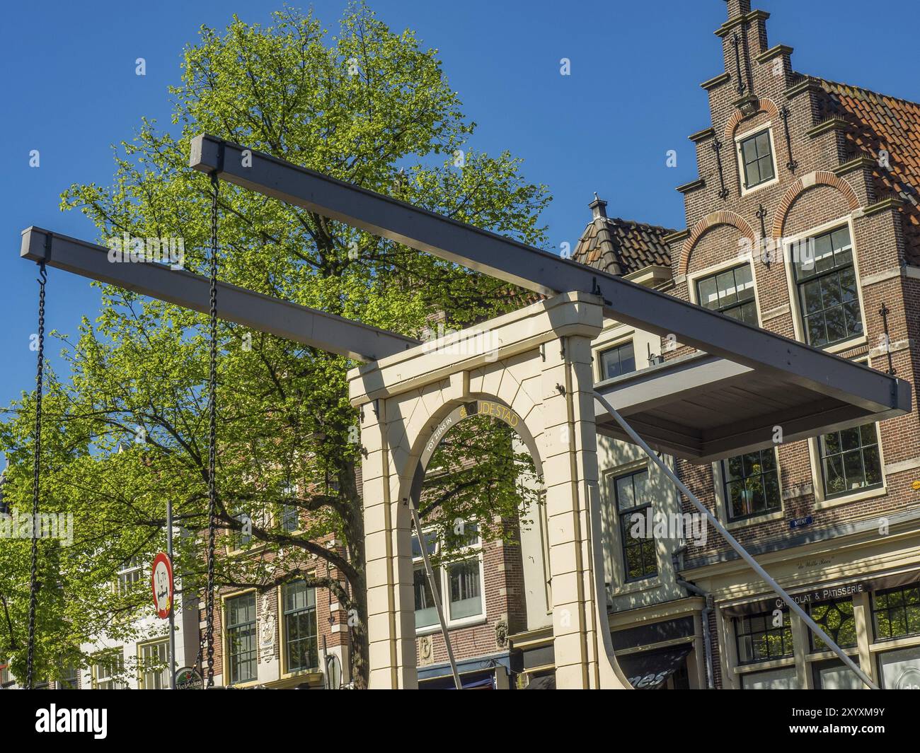 City view of a drawbridge and historic buildings with a green tree and ...