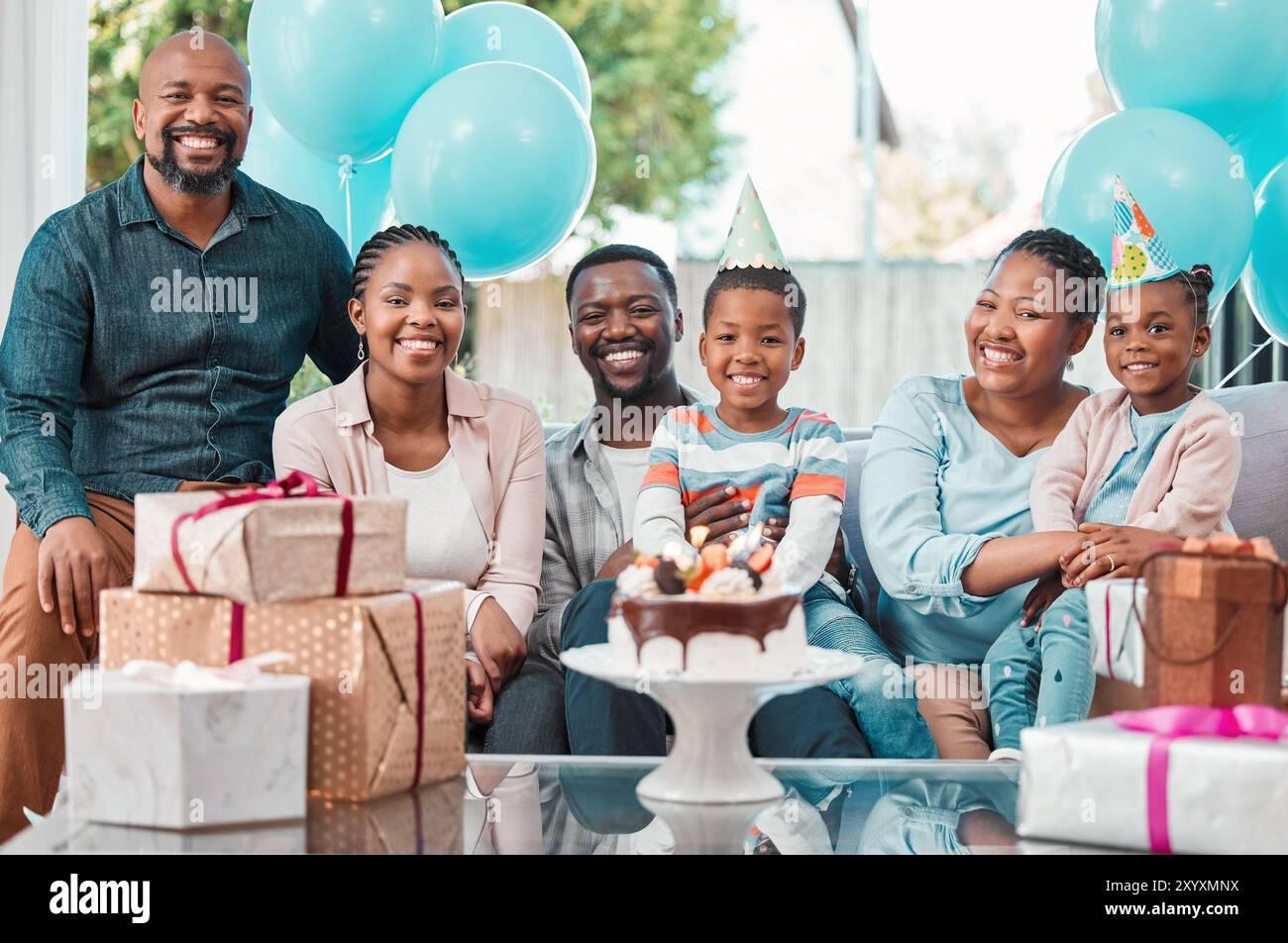 Birthday cake, portrait and black family with generations at party with ...
