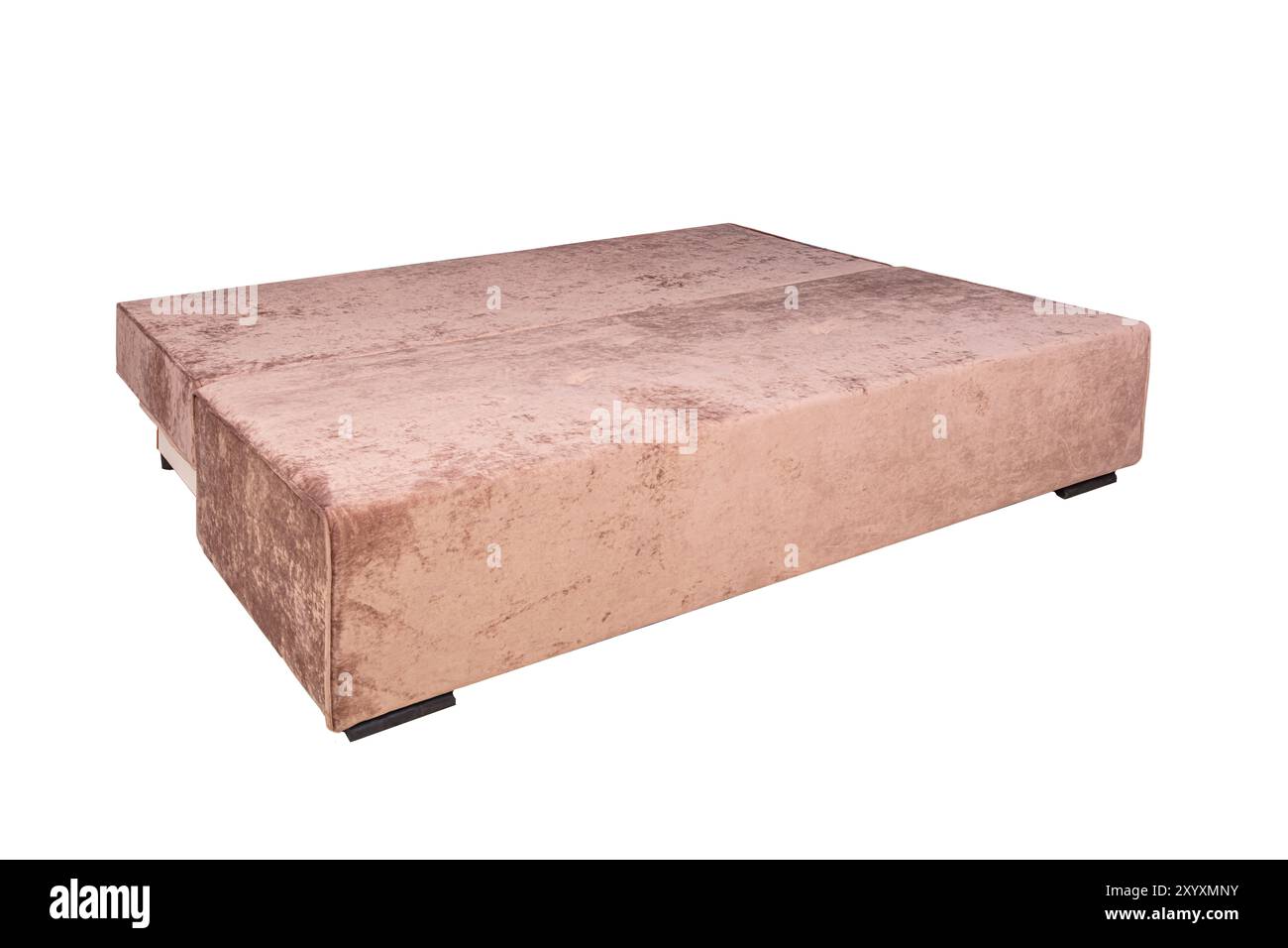Pink unfolded sofa made of velor fabric isolated on a white background ...