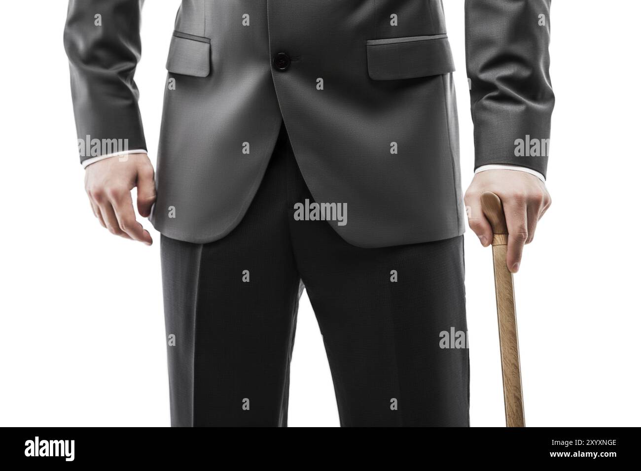 Businessman in black suit hand holding wooden walking cane stick white ...