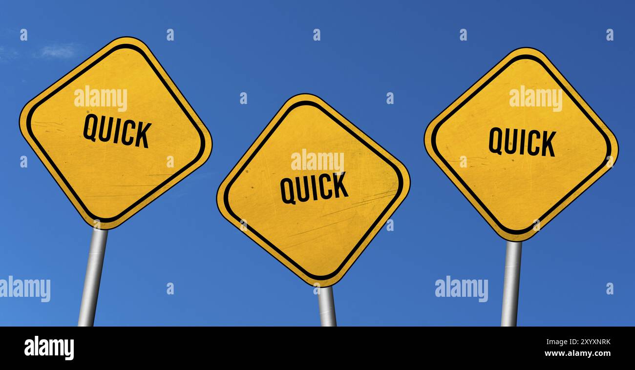 Quick, yellow signs with blue sky Stock Photo - Alamy