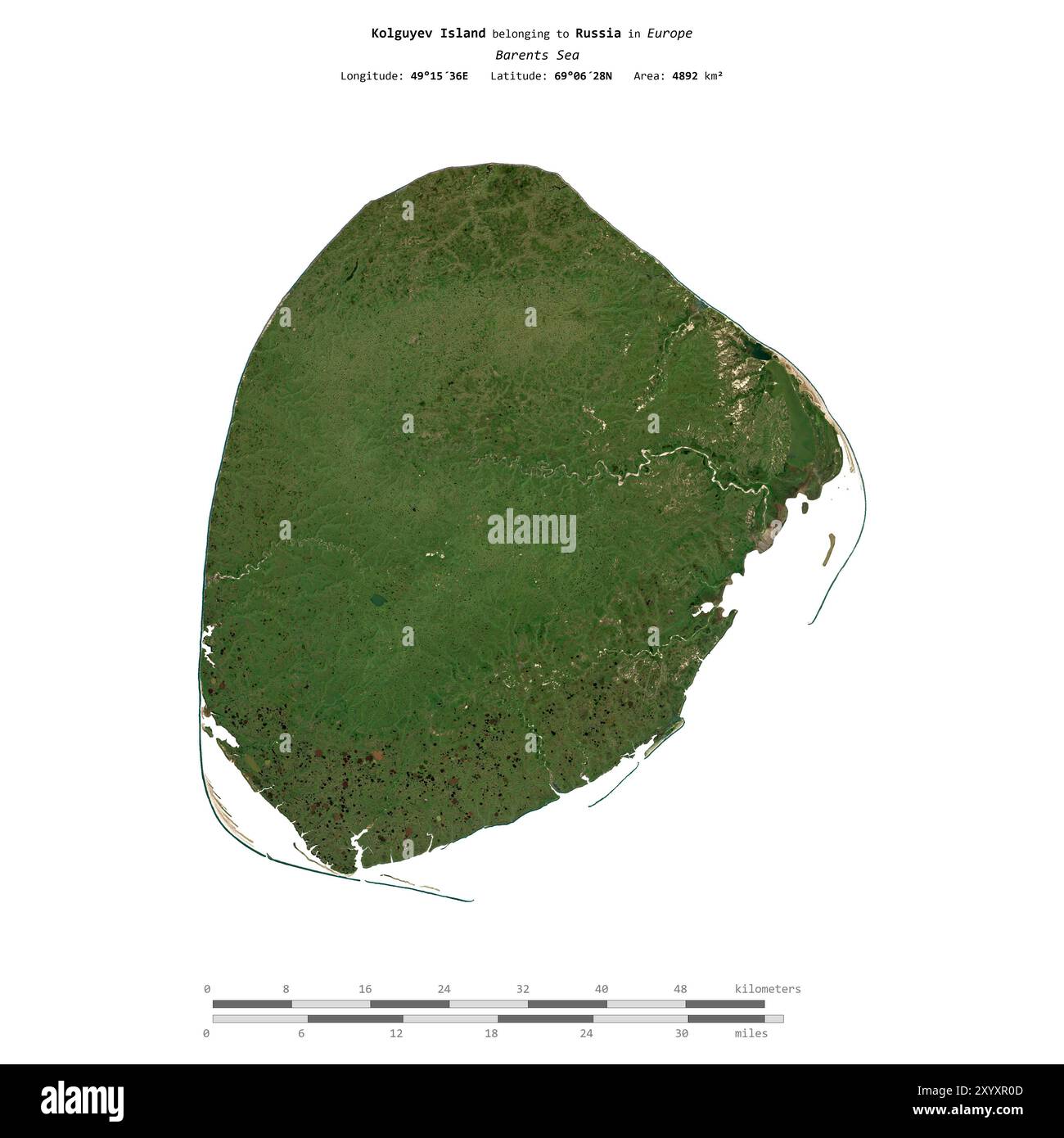 Kolguyev Island in the Barents Sea, belonging to Russia, isolated on a ...