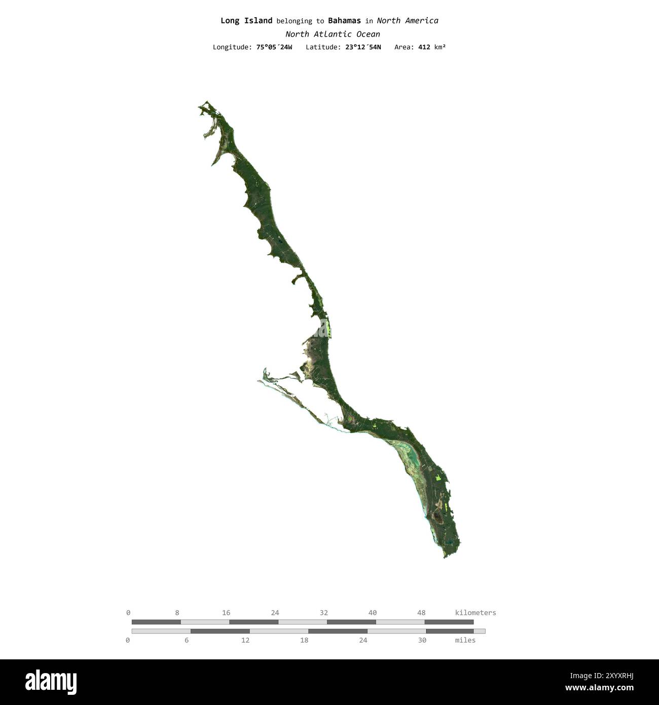 Long Island in the North Atlantic Ocean, belonging to Bahamas, isolated ...