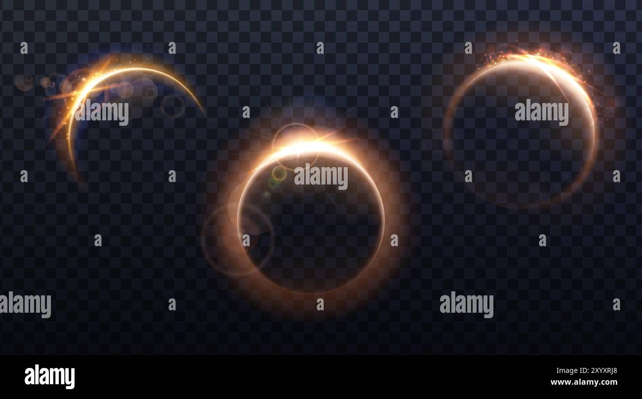 illustration. Orange sun edge eclipse with rays and sun beamsparkles on ...