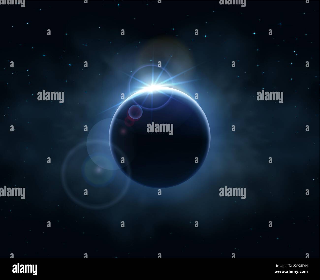 Solar eclipse on dark background with space dust and sun beams ...