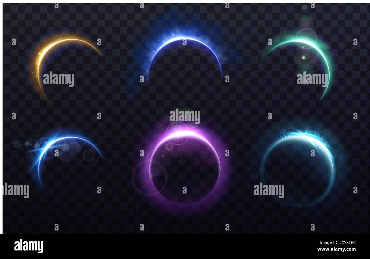 illustration. Solar eclipses in blue, violet, orange color with sun ...