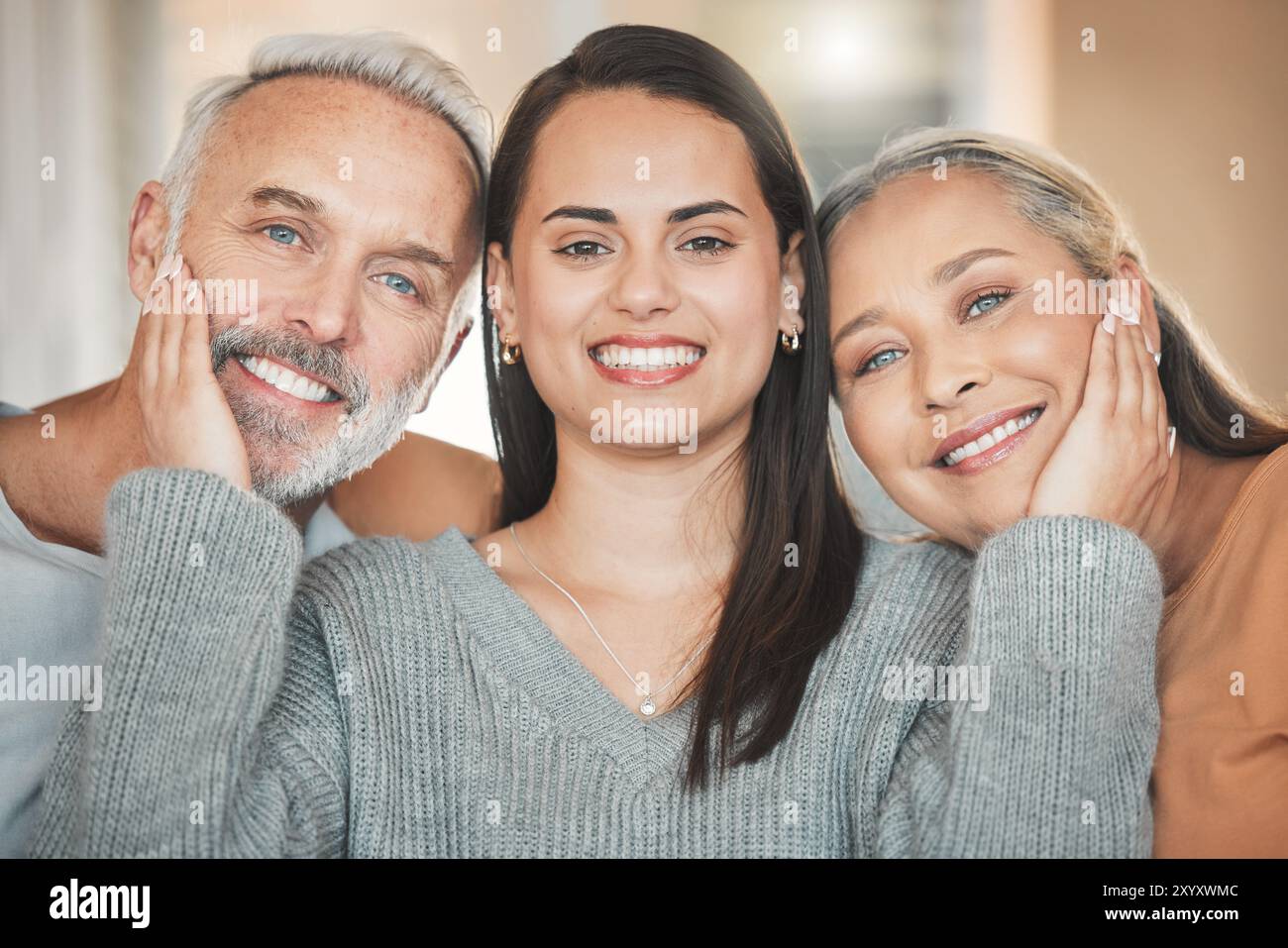 Parents, woman and hands in home portrait, weekend visit and relax ...