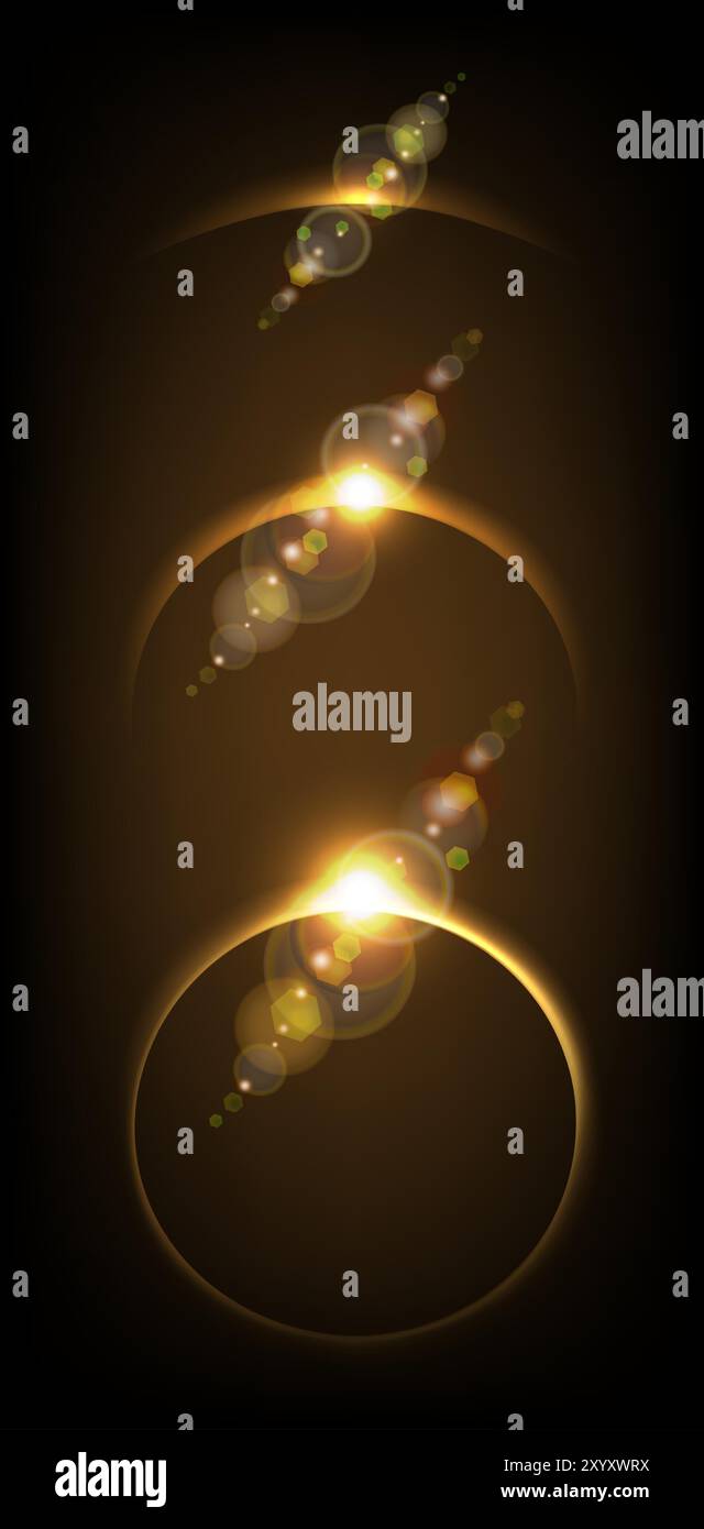 Solar eclipse with sun beams on dark background with space dust and sun ...