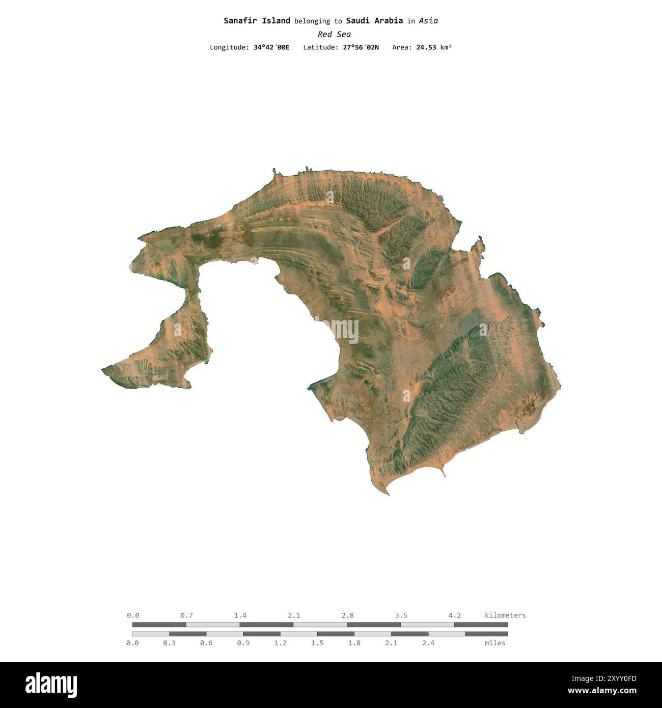 Sanafir Island in the Red Sea, belonging to Saudi Arabia, isolated on a ...