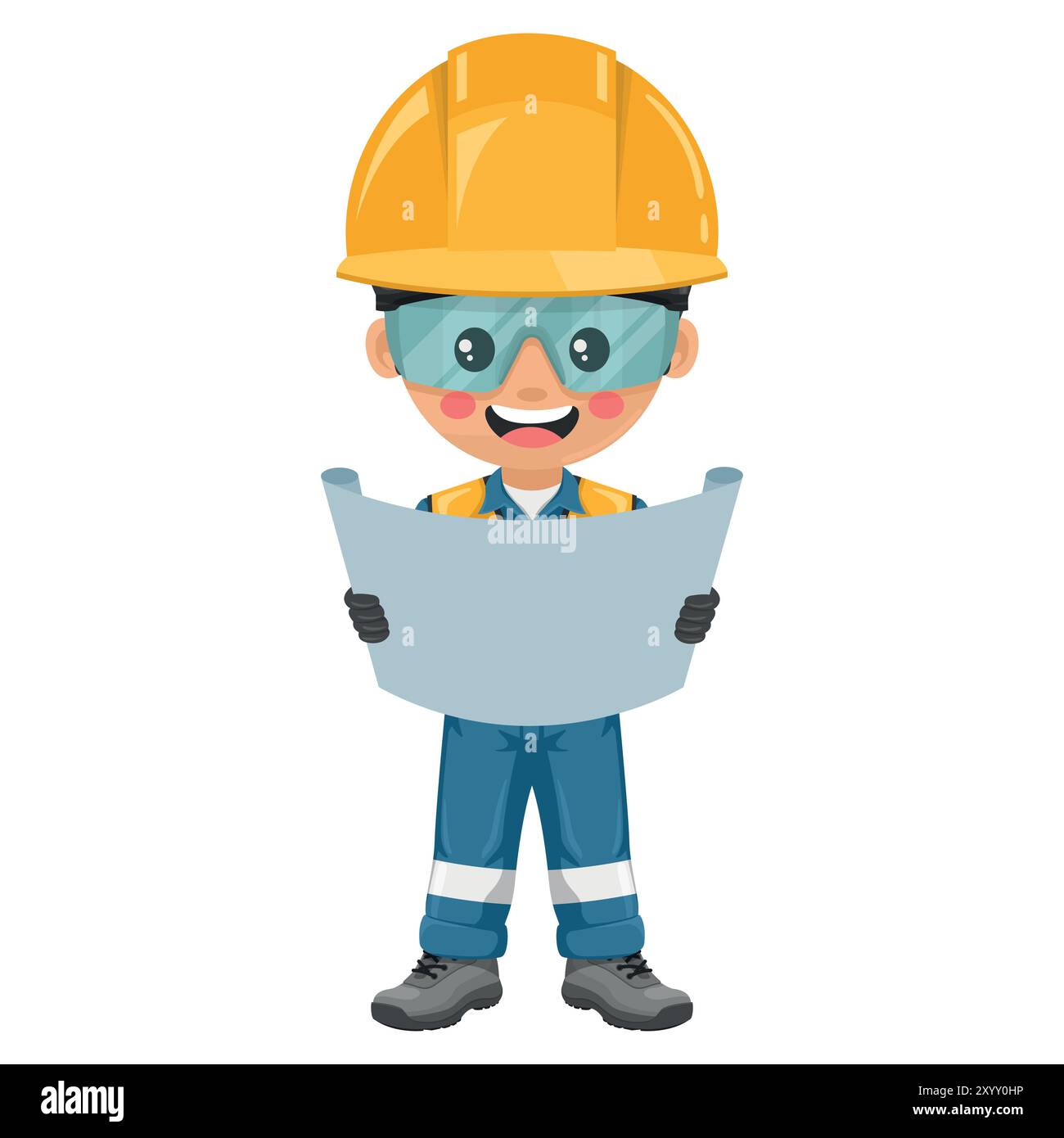 Civil engineer reading construction plans on site. Personal protective ...