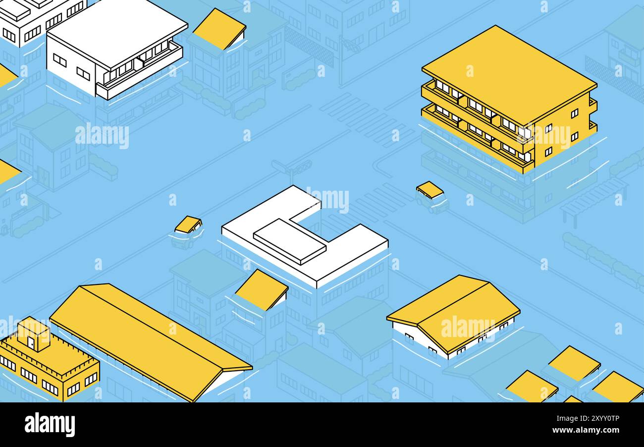 Isometric illustration of a city submerged by water due to tsunami and ...