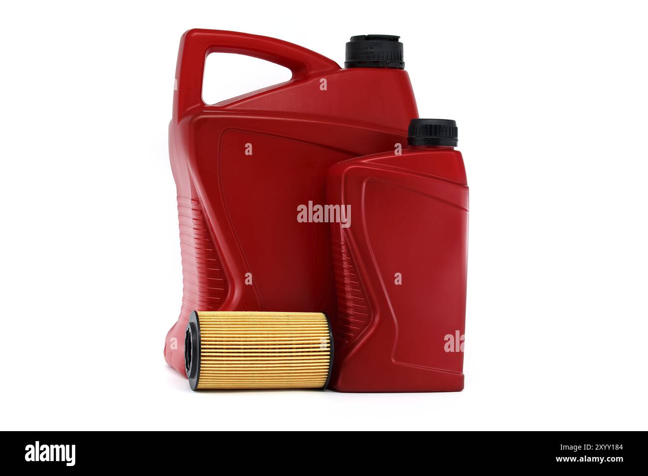 Red canister of motor oil and a filter isolated on white background ...
