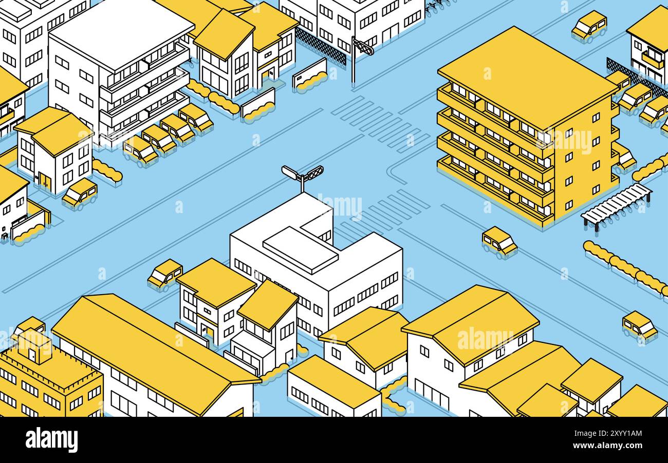 Street flooded by typhoon and heavy rain flooding, isometric ...