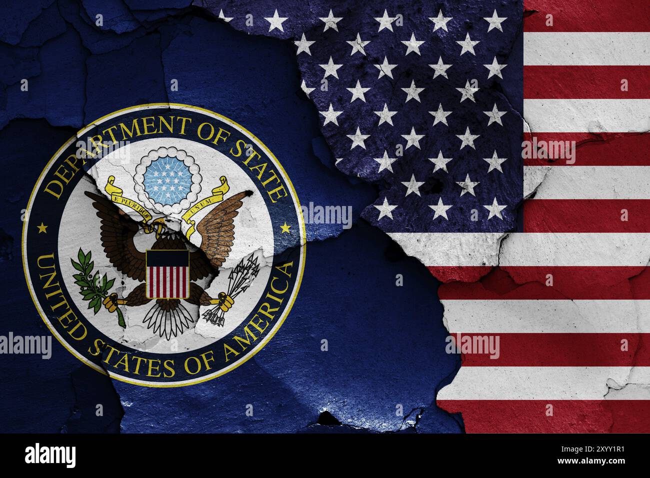 Flags of Department of State and USA painted on cracked wall Stock ...