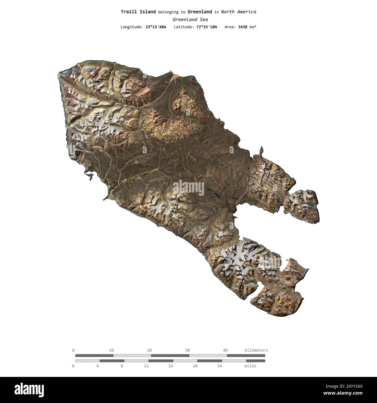 Traill Island in the Greenland Sea, belonging to Greenland, isolated on ...