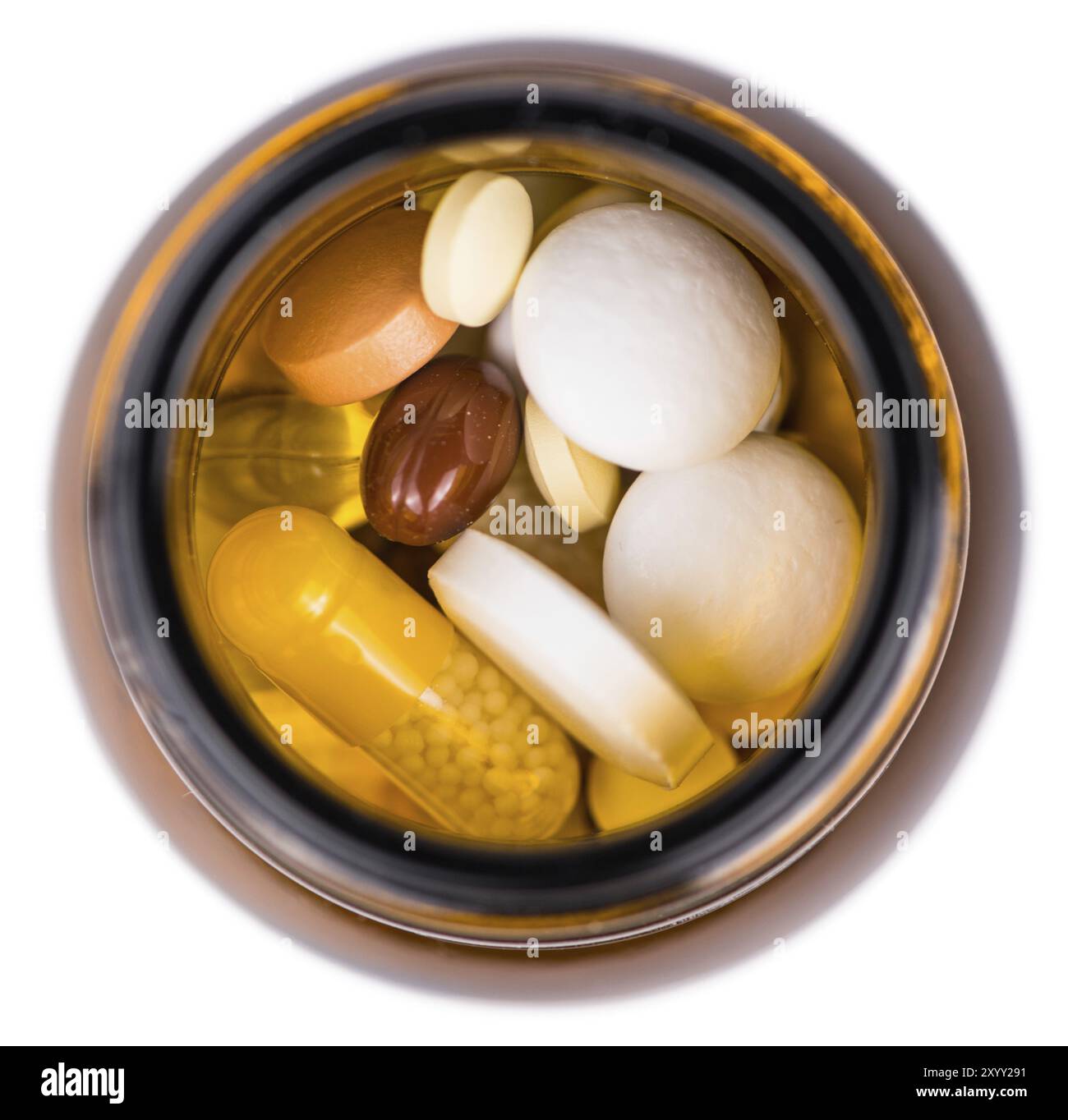 Mixed drugs isolated on white background as detailed close-up shot ...