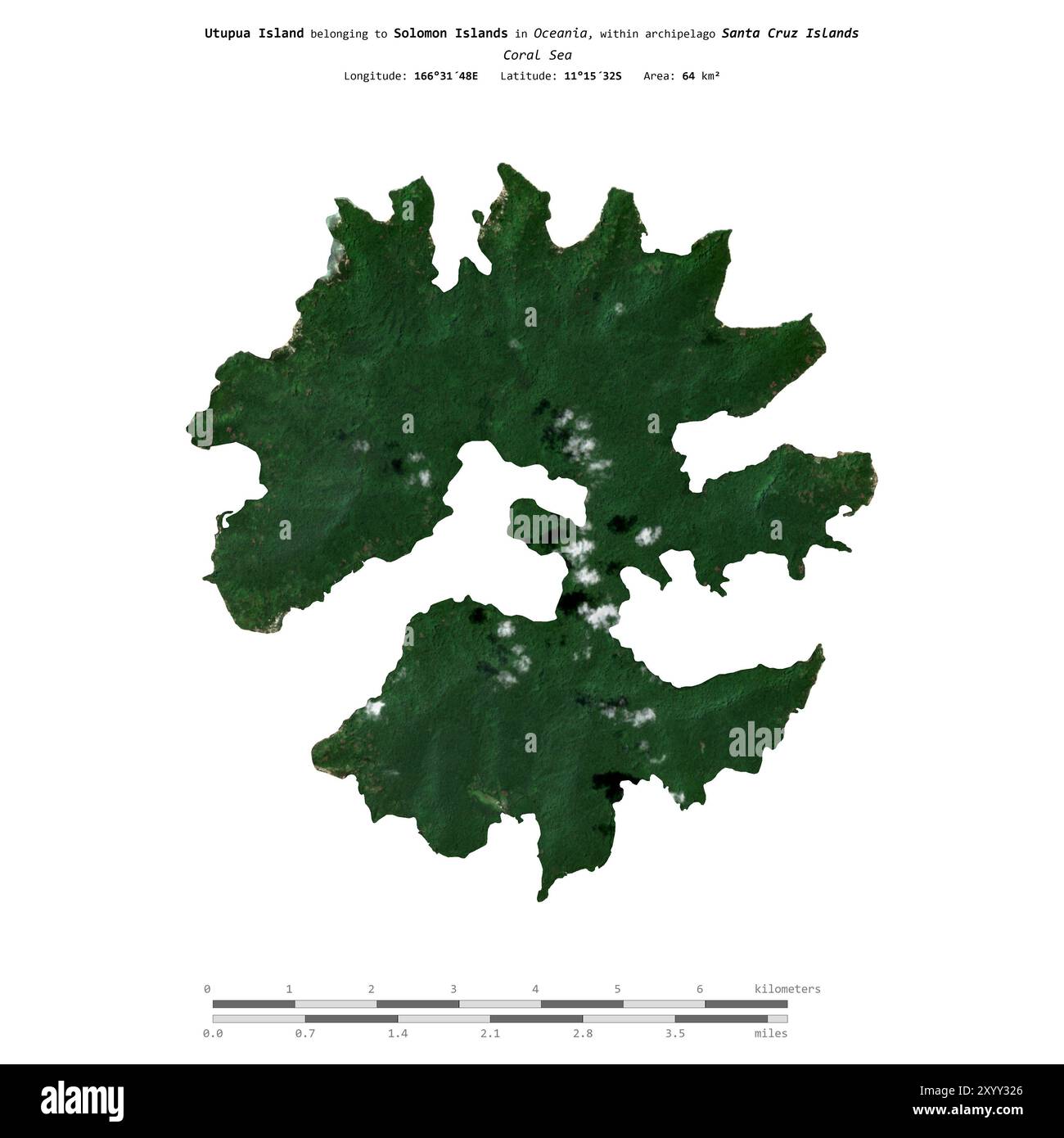 Utupua Island in the Coral Sea, belonging to Solomon Islands, isolated on a satellite image ...