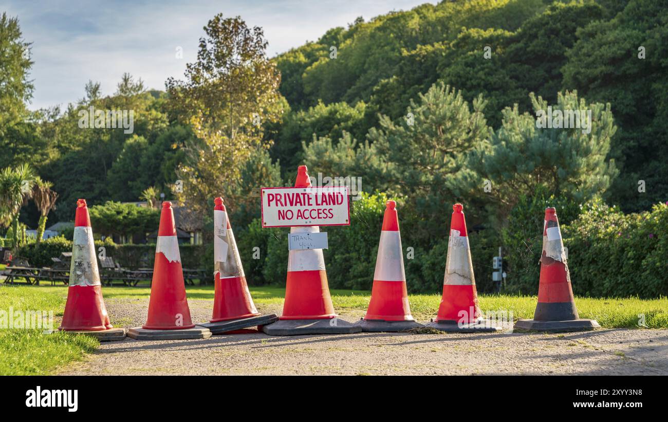 Pylons with a sign: Private Land, no access, seen in Watermouth, North ...