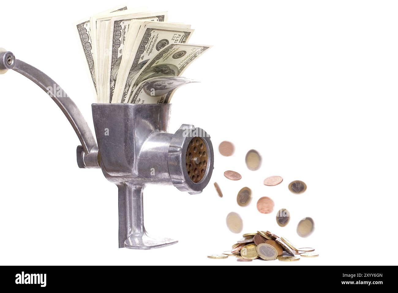 Meat chopper with dollars on a white background Stock Photo - Alamy
