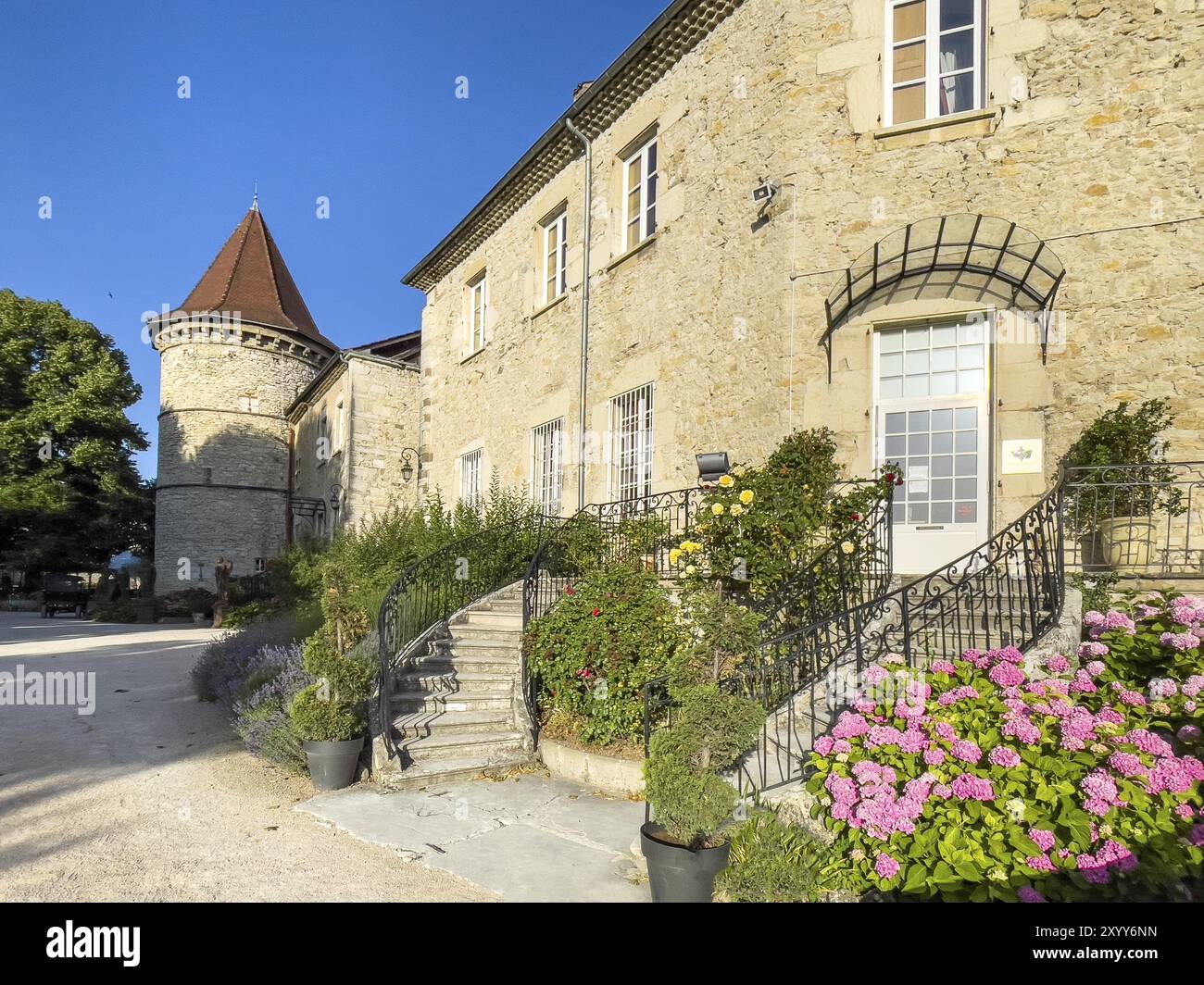 View of left old historic tower castle tower right double staircase ...
