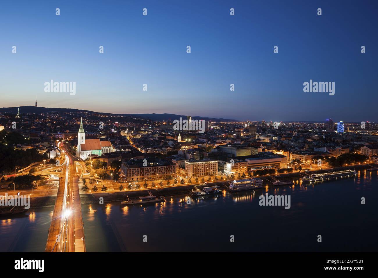 City of Bratislava at twilight in Slovakia, evening cityscape along ...
