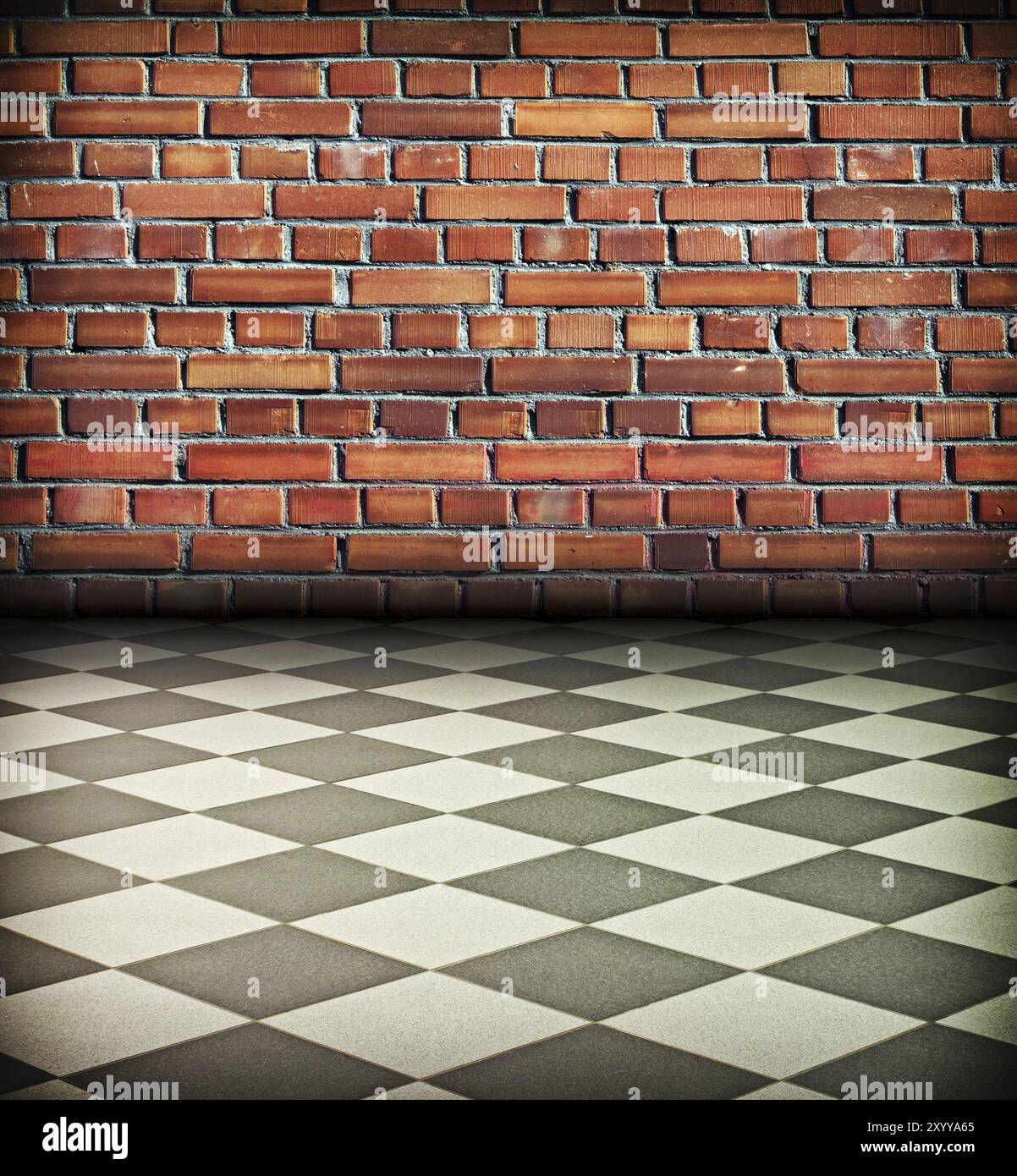 Creative vintage interior with brick wall and chess tile floor Stock ...
