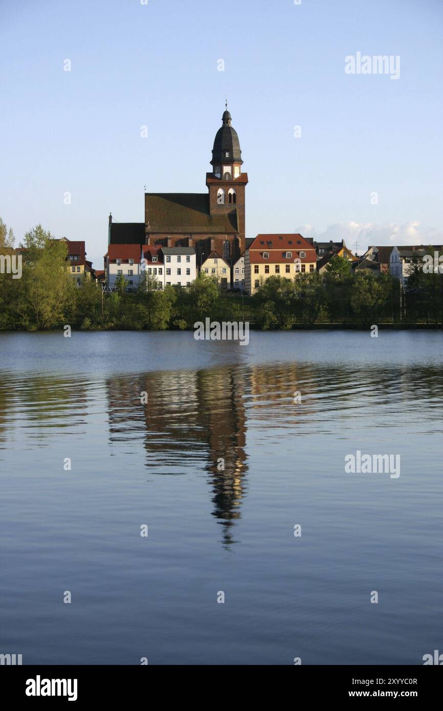 View over the Tiefwarensee lake to Waren's old town centre with St ...