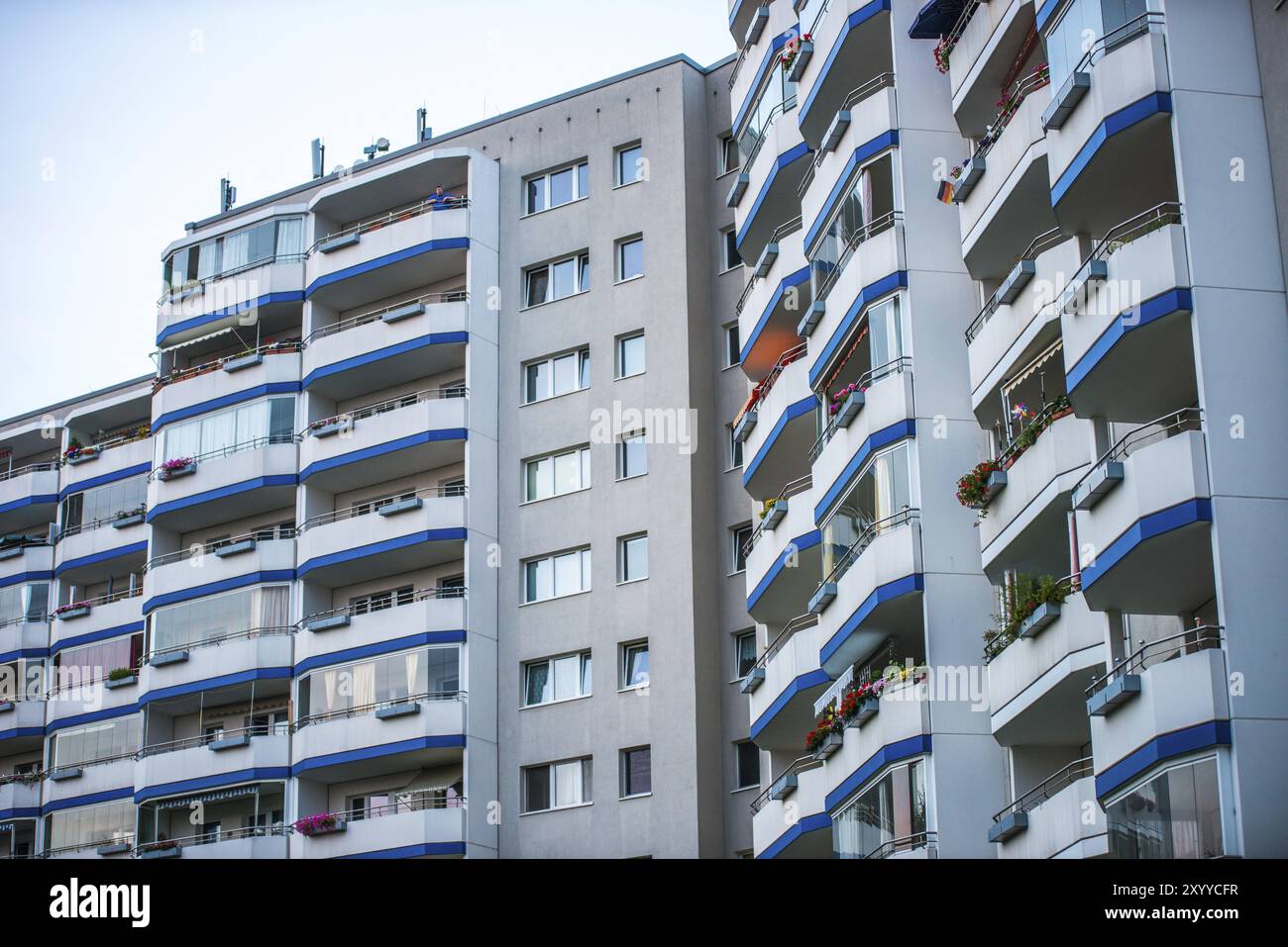 Facade of an apartment block, also known as a Plattenbau, in the former ...