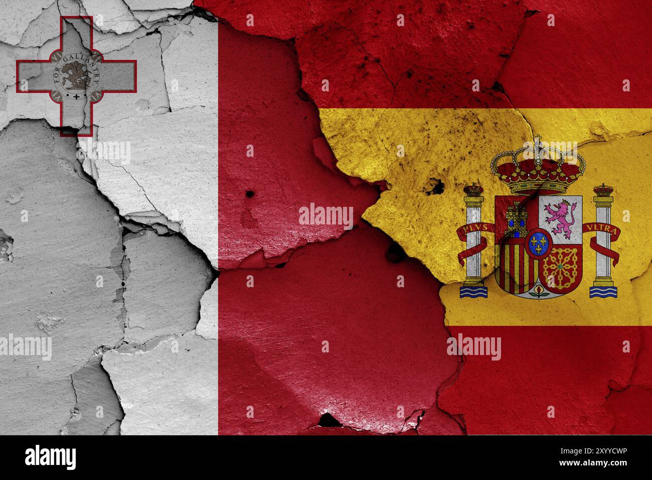 Flags of Malta and Spain painted on cracked wall Stock Photo - Alamy