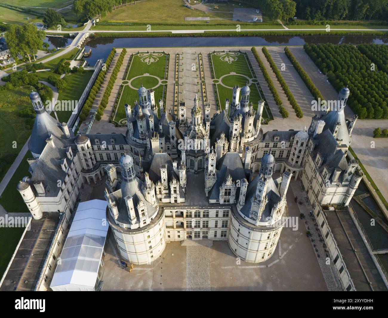 Detailed view of a historic castle from the air, with many towers and ...