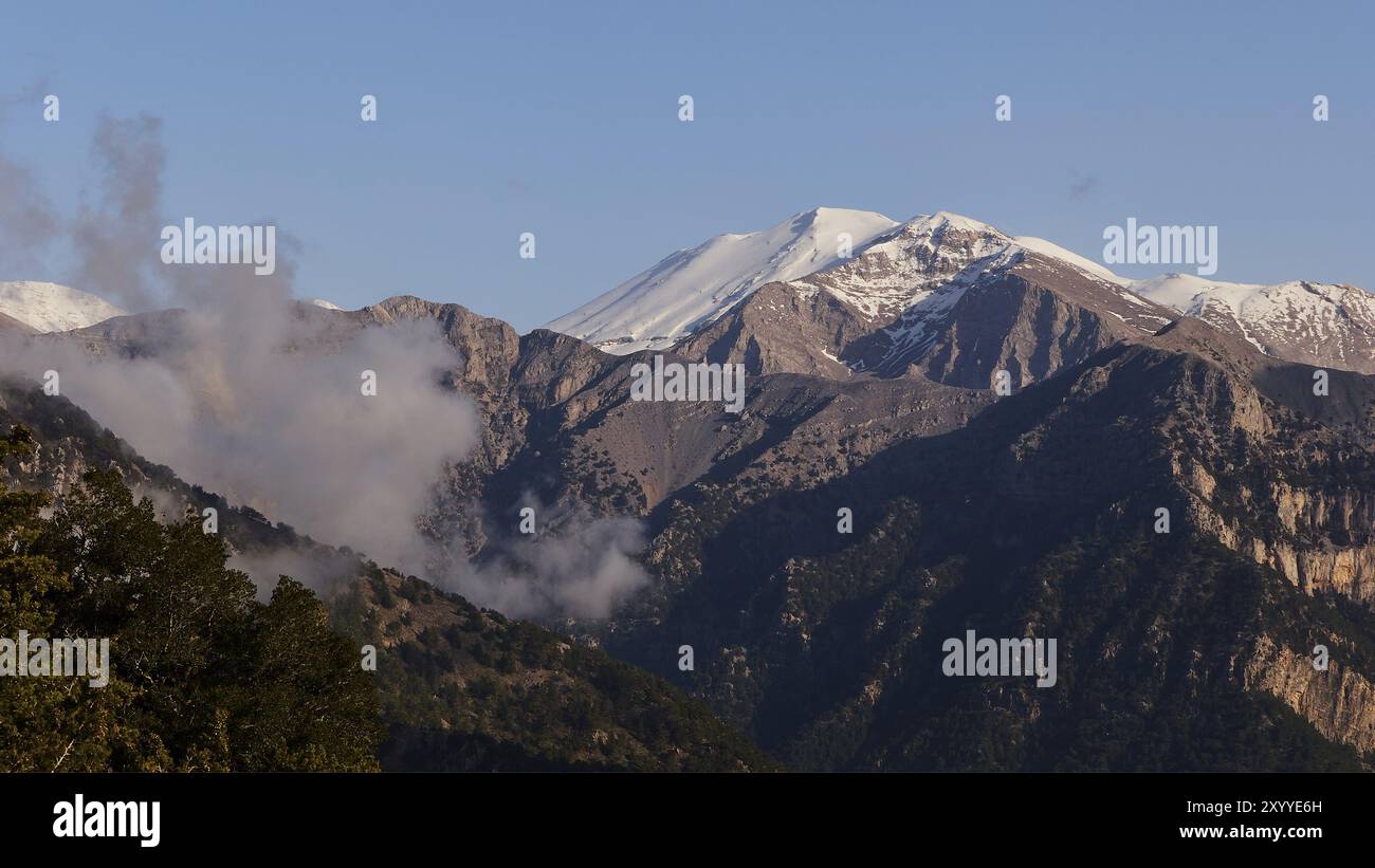 Mountains with snow-covered peaks and some clouds in a calm, natural ...
