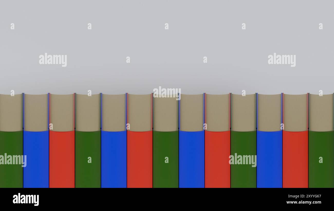 Row of books in blue, red and green colors. White background Stock ...