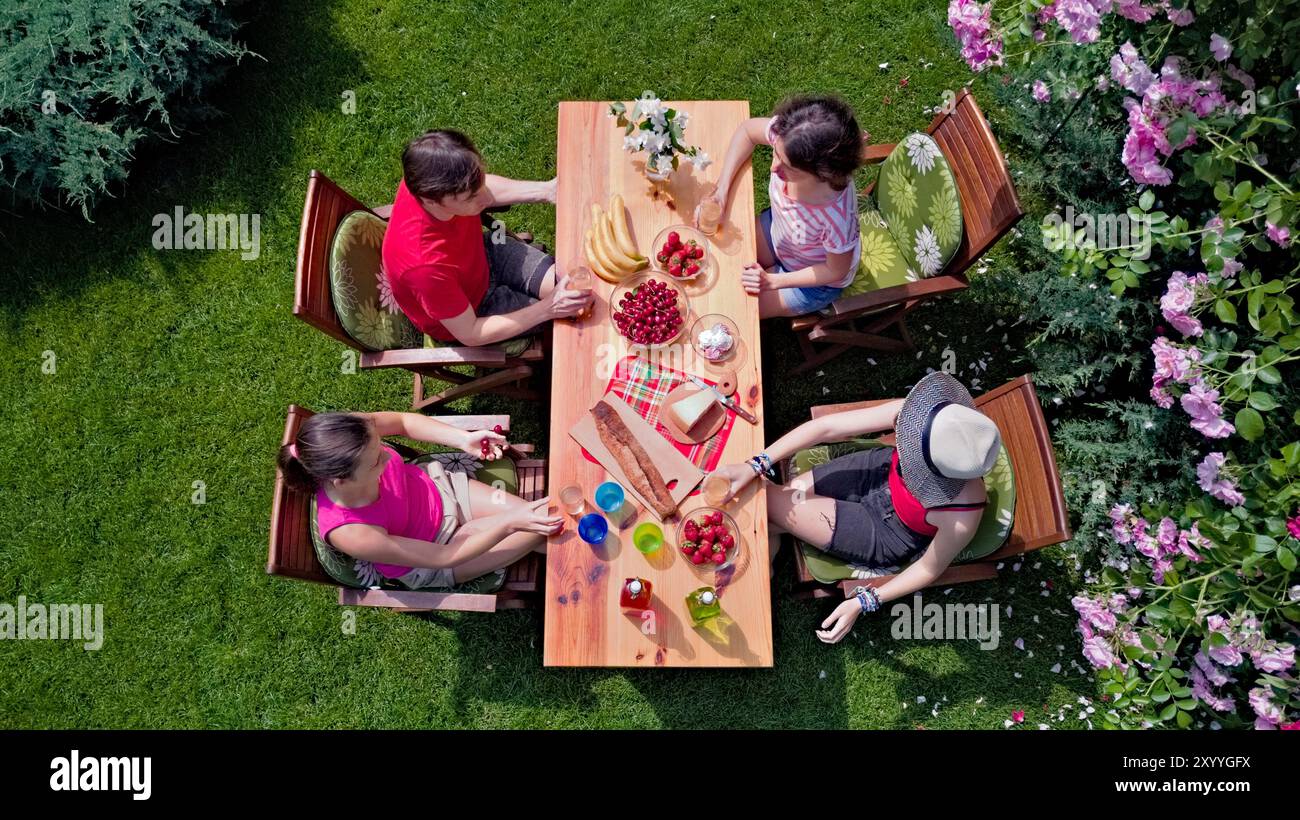 Family and friends eating together outdoors on summer garden party ...