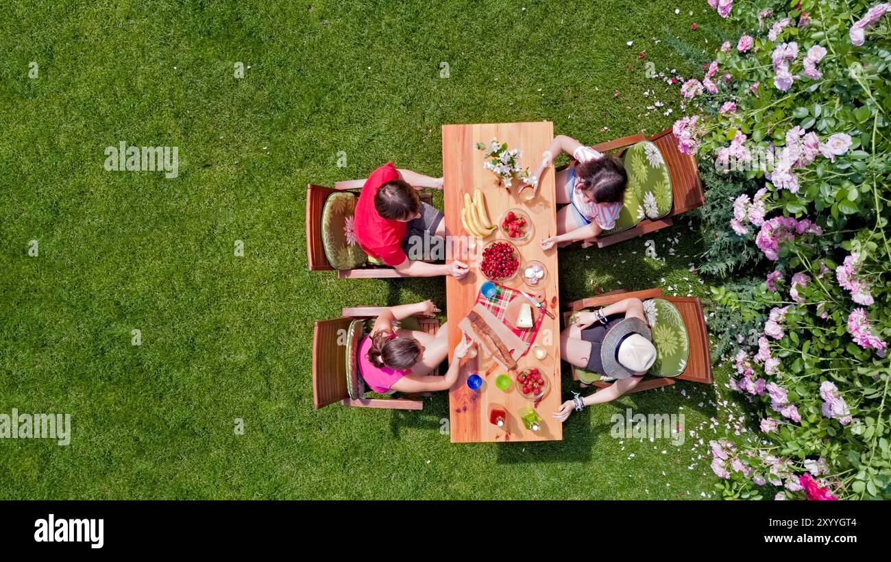 Family and friends eating together outdoors on summer garden party ...