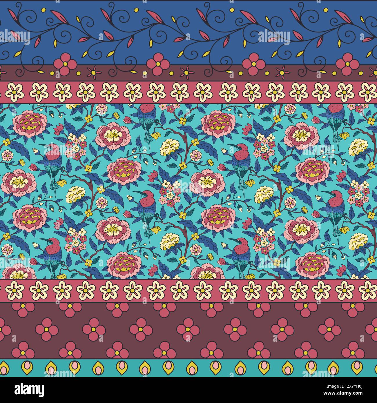 Scarf design with ethnic indian trailing flowers and birds motifs Stock ...