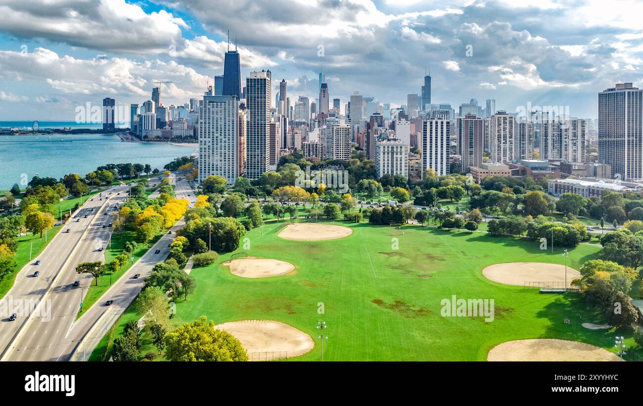 Chicago skyline aerial drone view from above, lake Michigan and city of ...