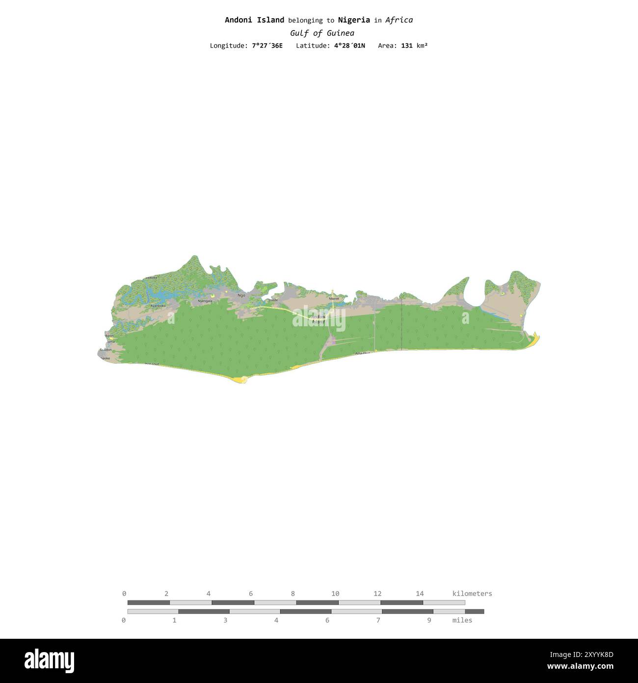 Andoni Island in the Gulf of Guinea, belonging to Nigeria, isolated on ...